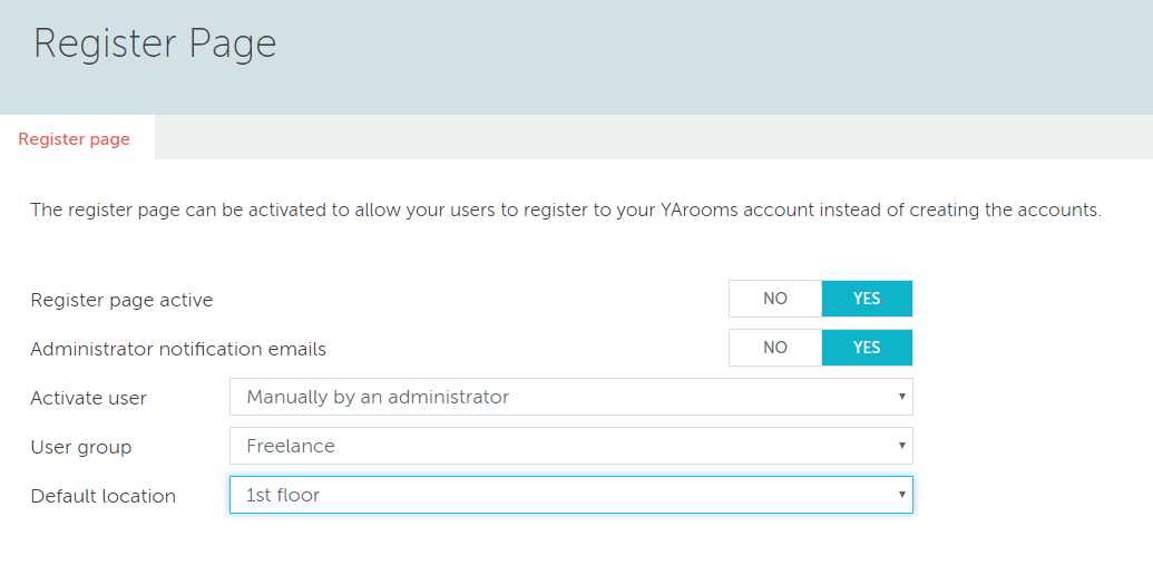 Internal Integrations: Register page
